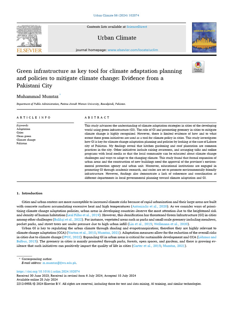 Green Infrastructure As Key Tool For Climate Adaptation Planning 2024 Urban | PDF