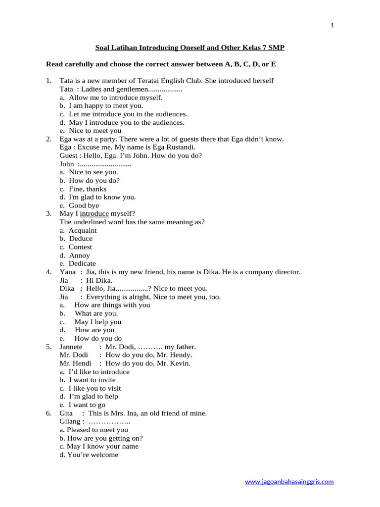 Soal Introducing Oneself and Other Kelas 7 SMP | PDF Soal Introducing Oneself and Other Kelas 7 SMP | PDF