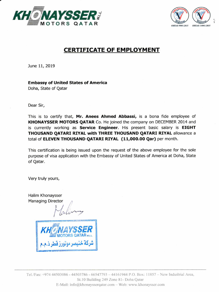 Employment Certificate 2014 To 2019 | PDF