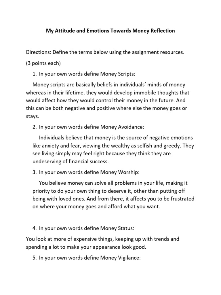 My Attitude and Emotions Towards Money Reflection | PDF