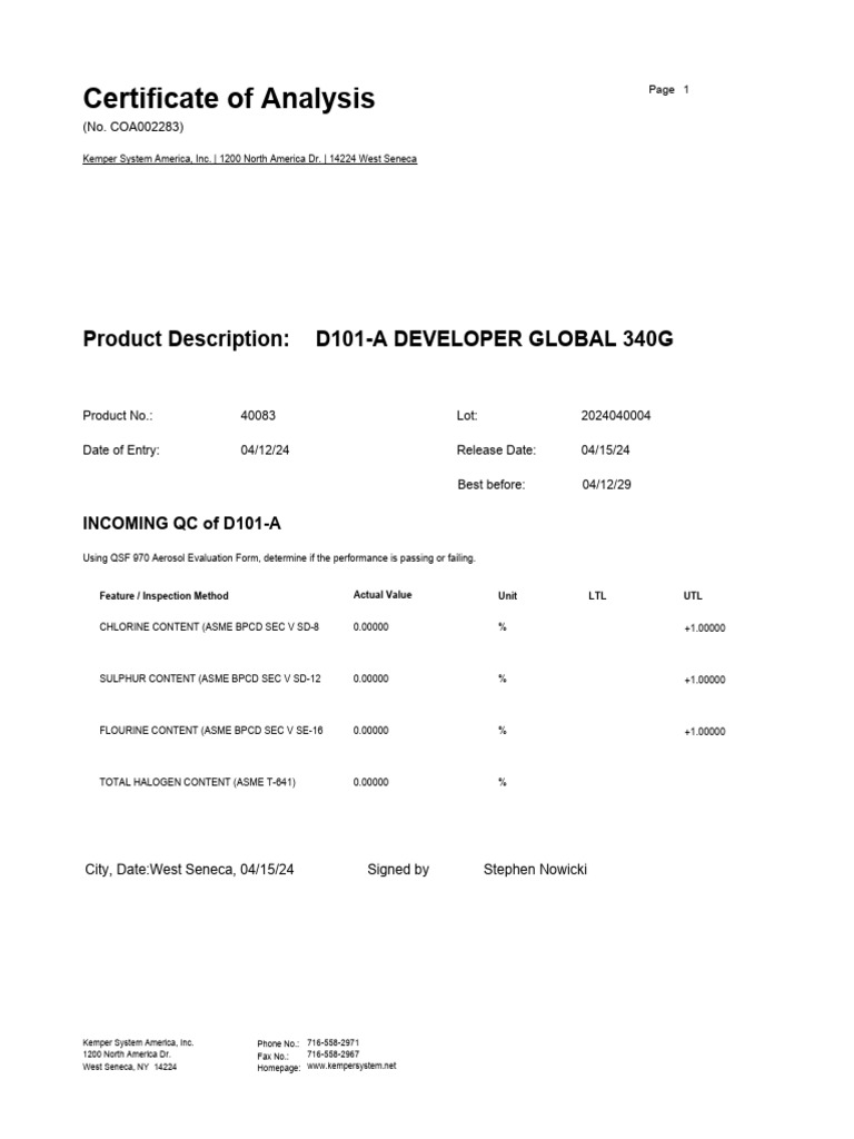Certificate of Analysis: D101-A Developer Global 340G Product Description | PDF