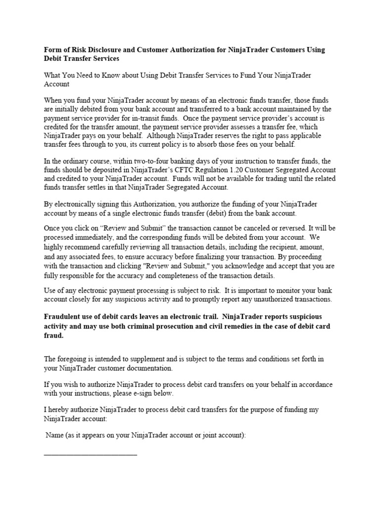 Form of Risk Disclosure and Customer Authorization (Preview) | PDF