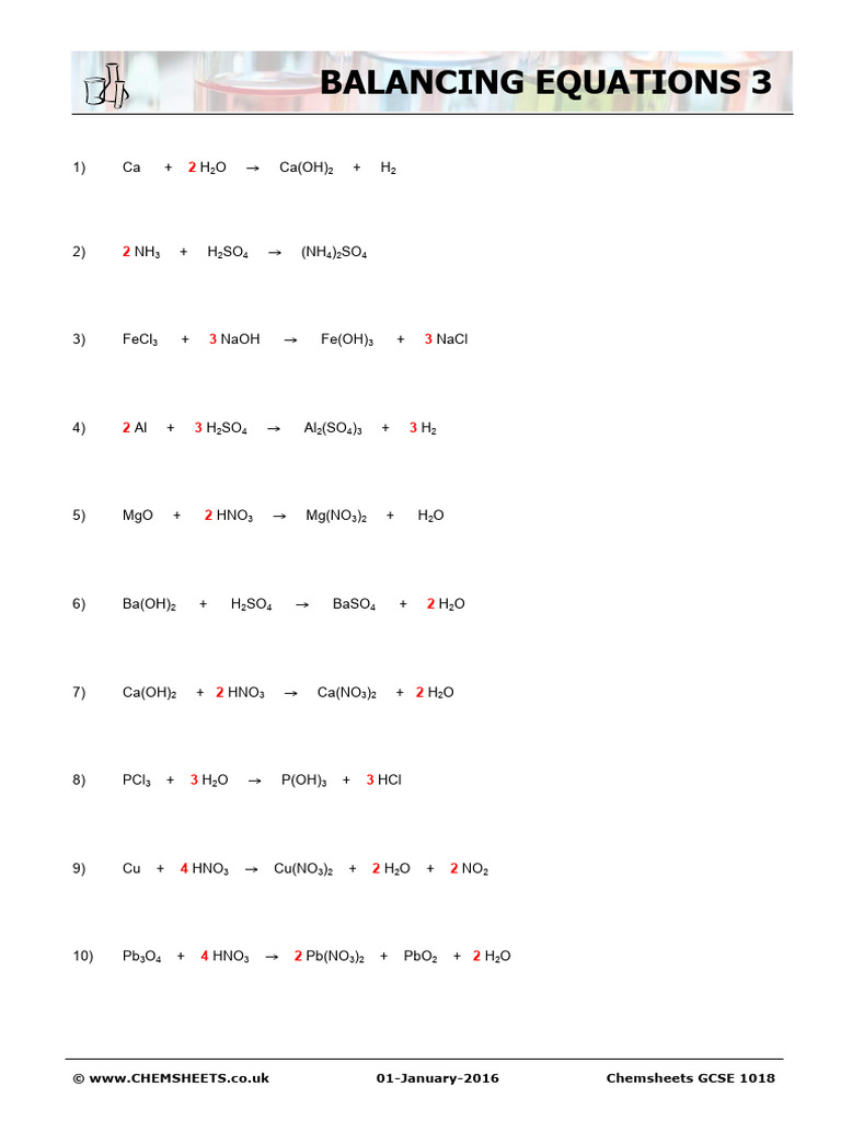 Chemsheets GCSE 1018 Balancing Equations 3 ANS 83099 | PDF