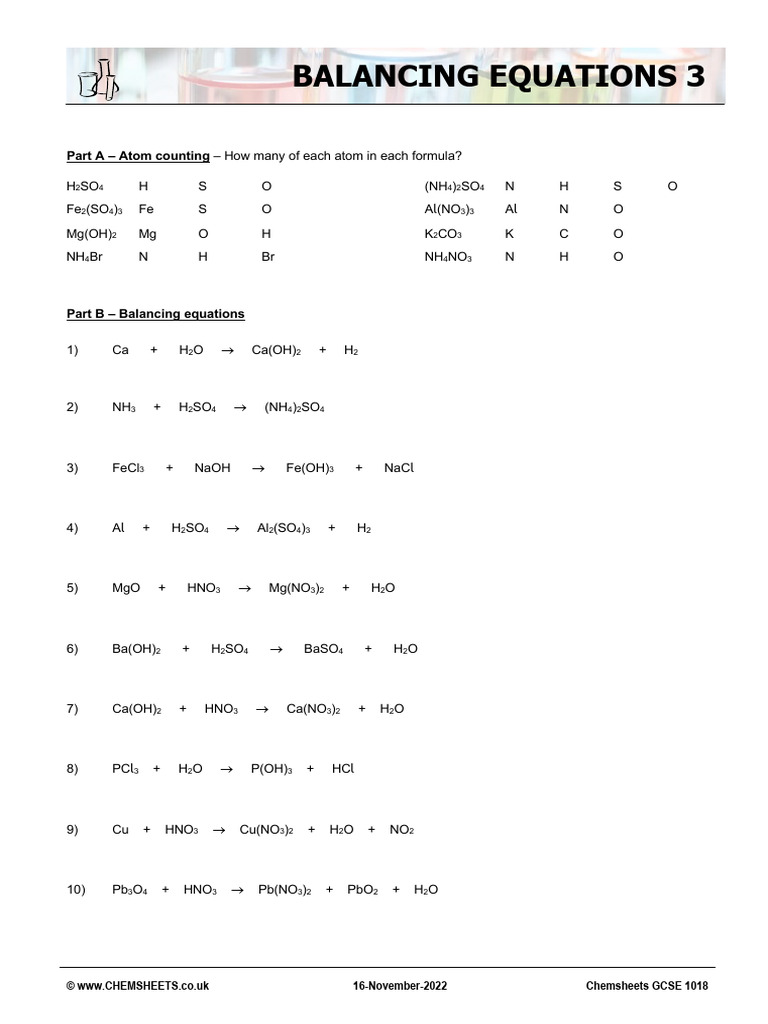 Chemsheets GCSE 1018 Balancing Equations 3 | PDF