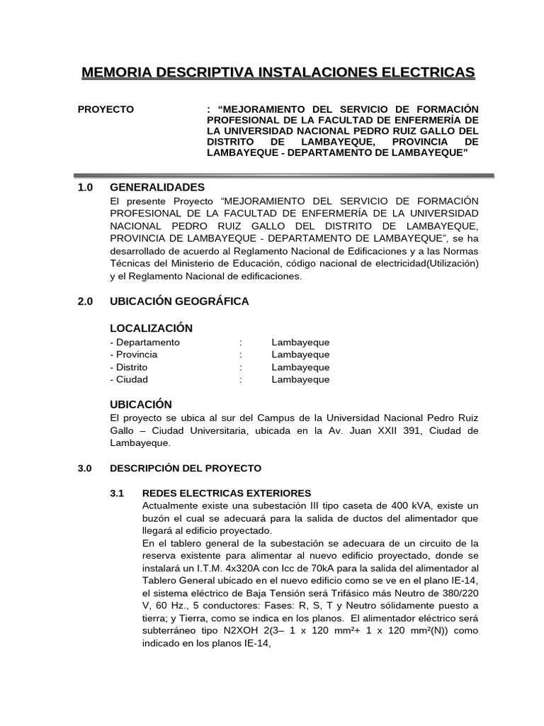 Memoria Descriptiva Instalaciones Electricas | PDF | Cableado eléctrico | Transformador