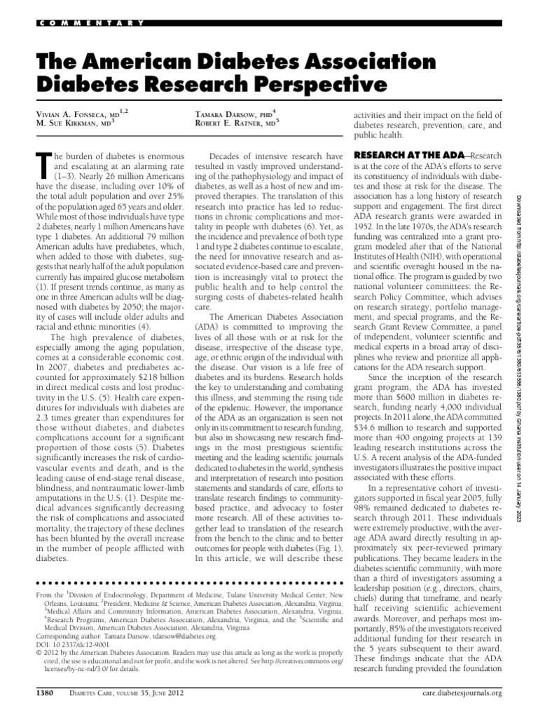The American Diabetes Association Diabetes Research Perspective | PDF