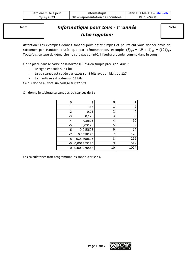 10 - INT1 - Représentation Des Nombres - Sujet | PDF