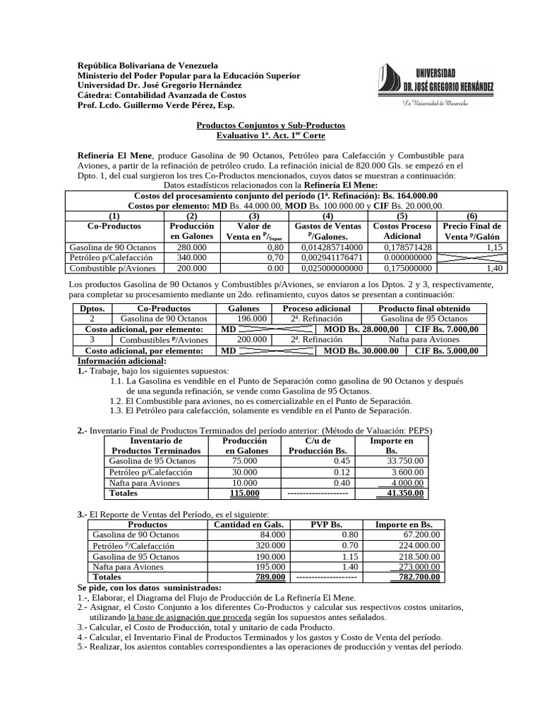 Taller Prep. 1er. Corte (Enu.) - Costos. Conj. Listo | PDF