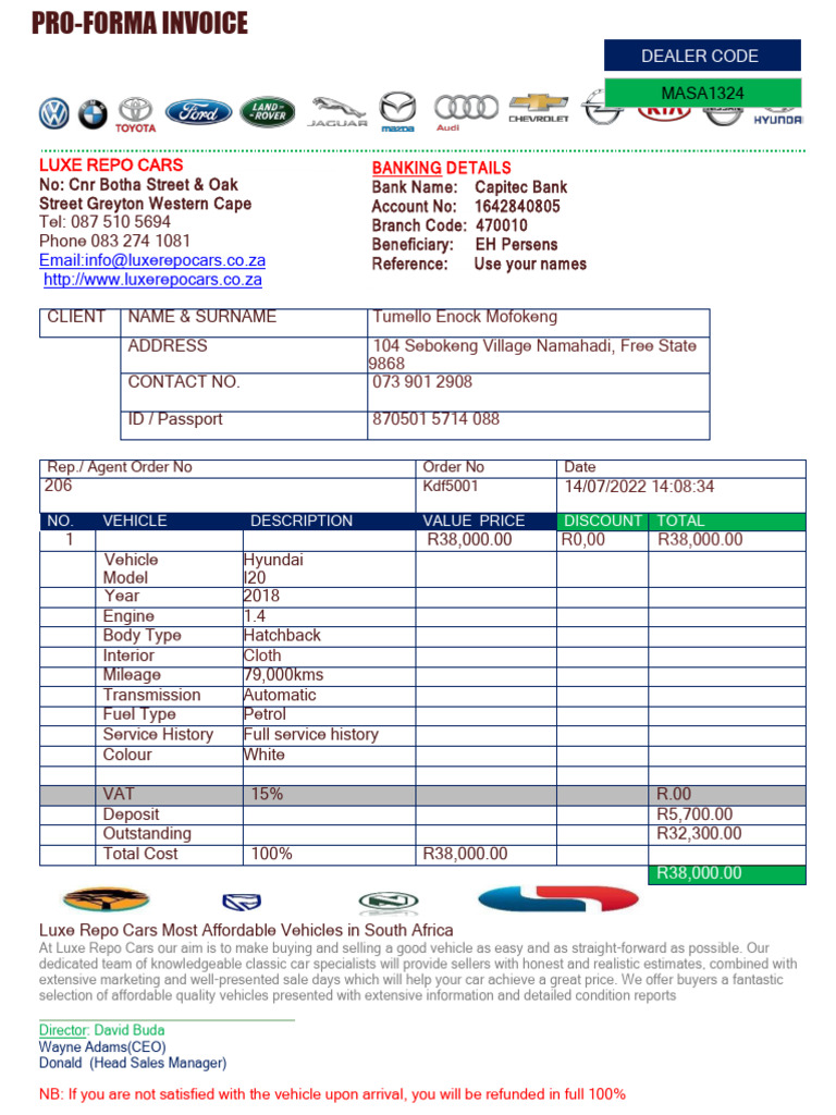 2018 Hyundai I20 1.4 Hatchback Invoice | PDF | Invoice | Car Body Styles