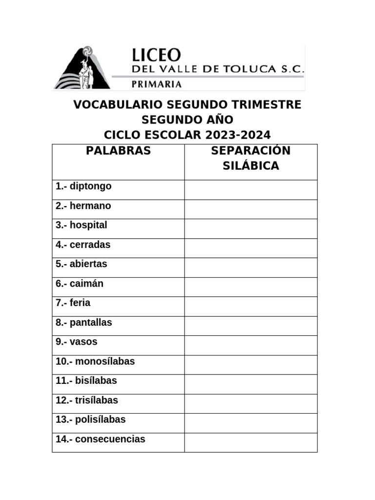 Vocabulario Segundo Trimestre Segundo Año | PDF