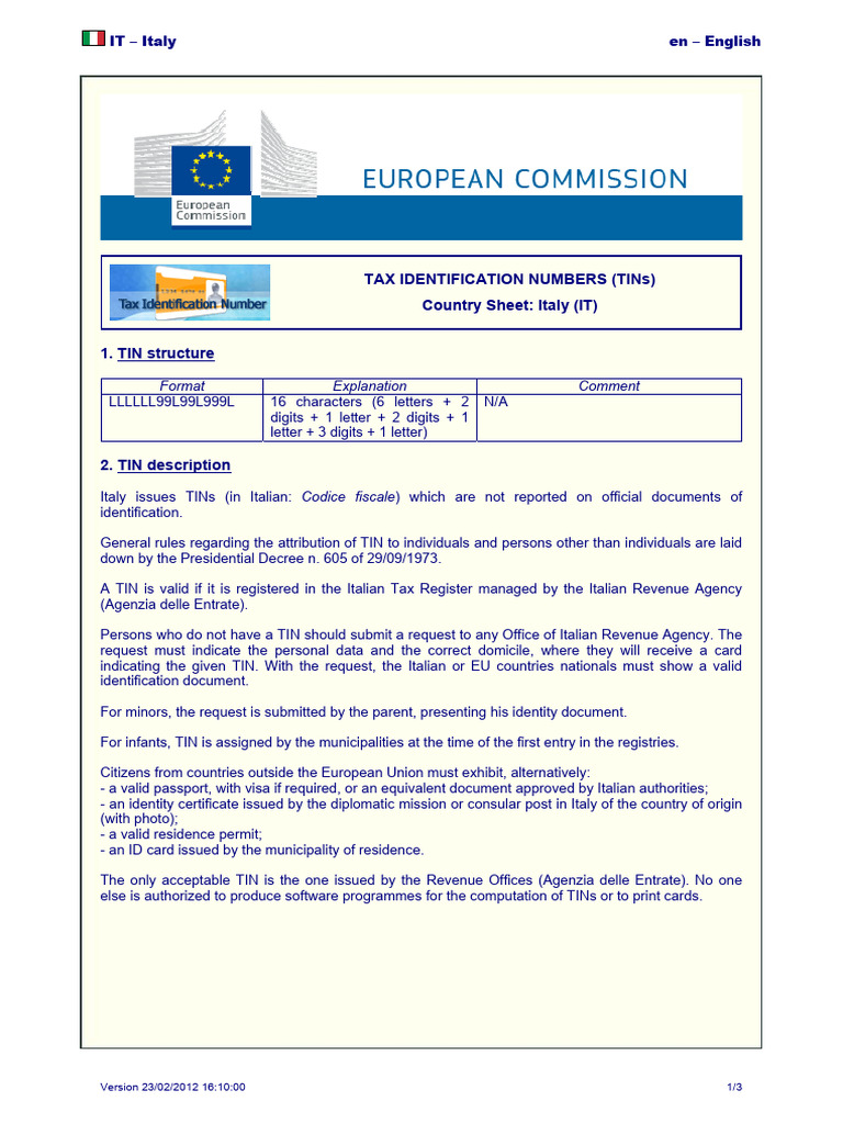 TIN - Country Sheet IT en | PDF | Identity Document | Social Science