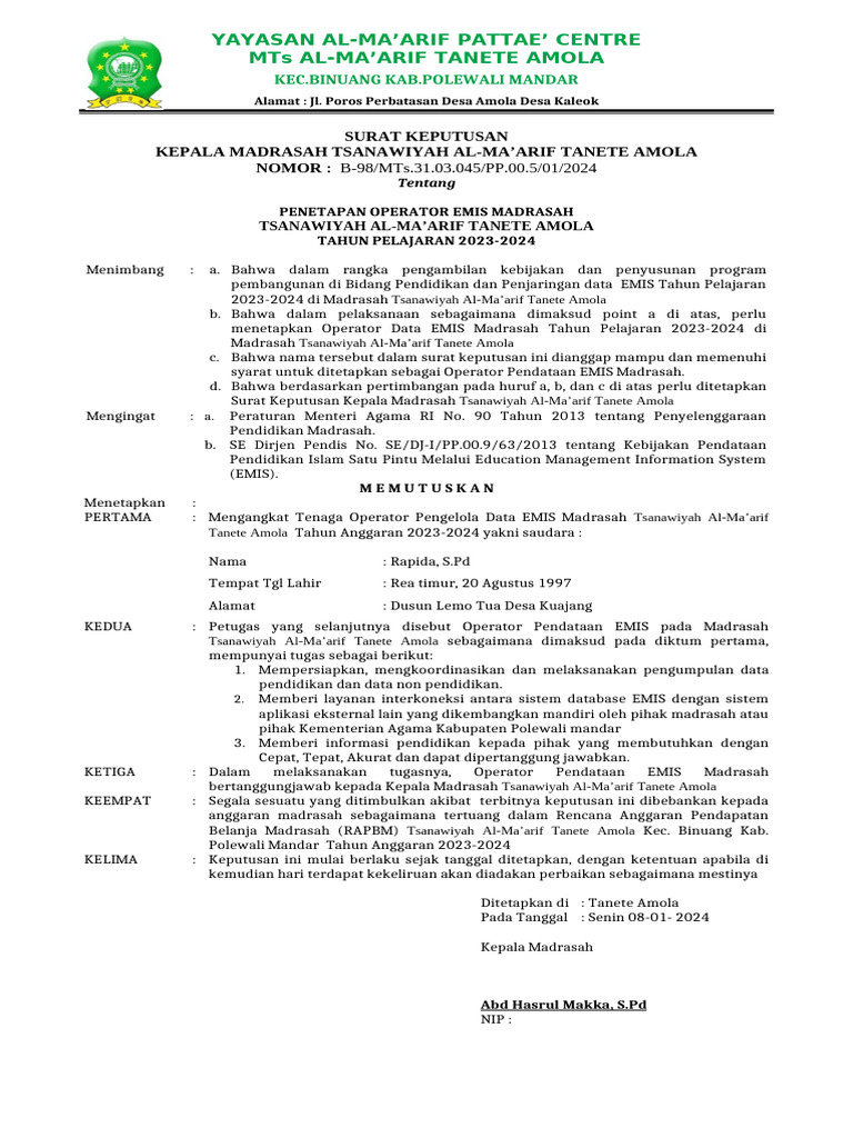 Contoh SK-OP-MADRASAH | PDF