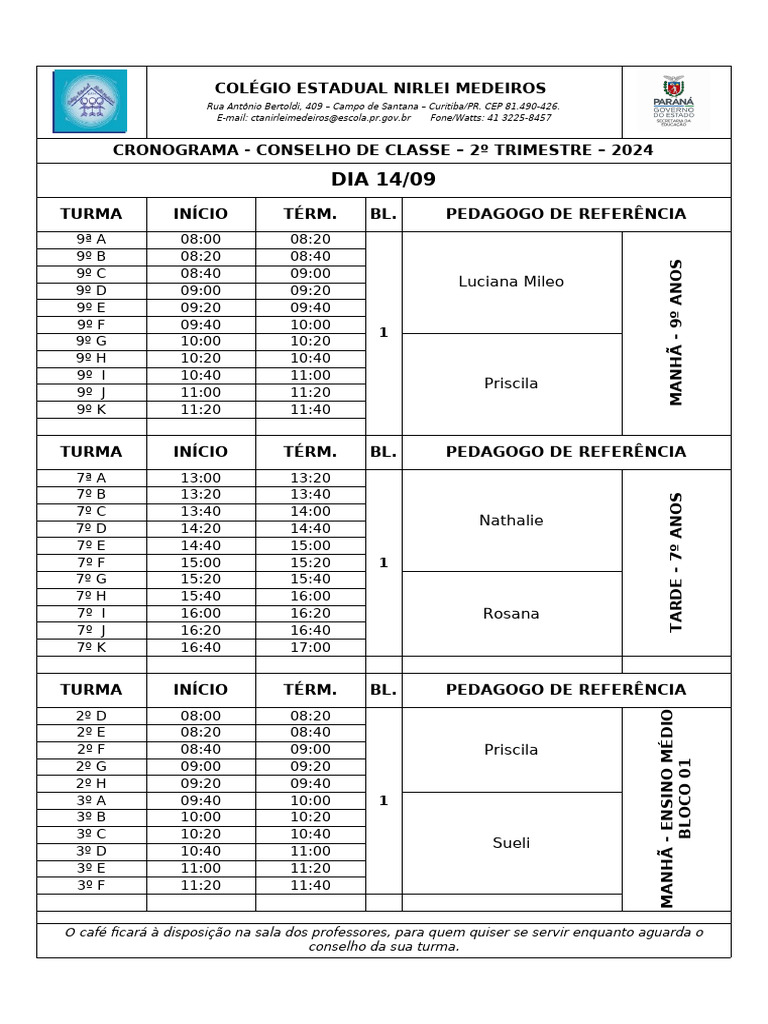 14.09 Cronograma Conselho de Classe Nirlei 2º Trimestre 2024 | PDF
