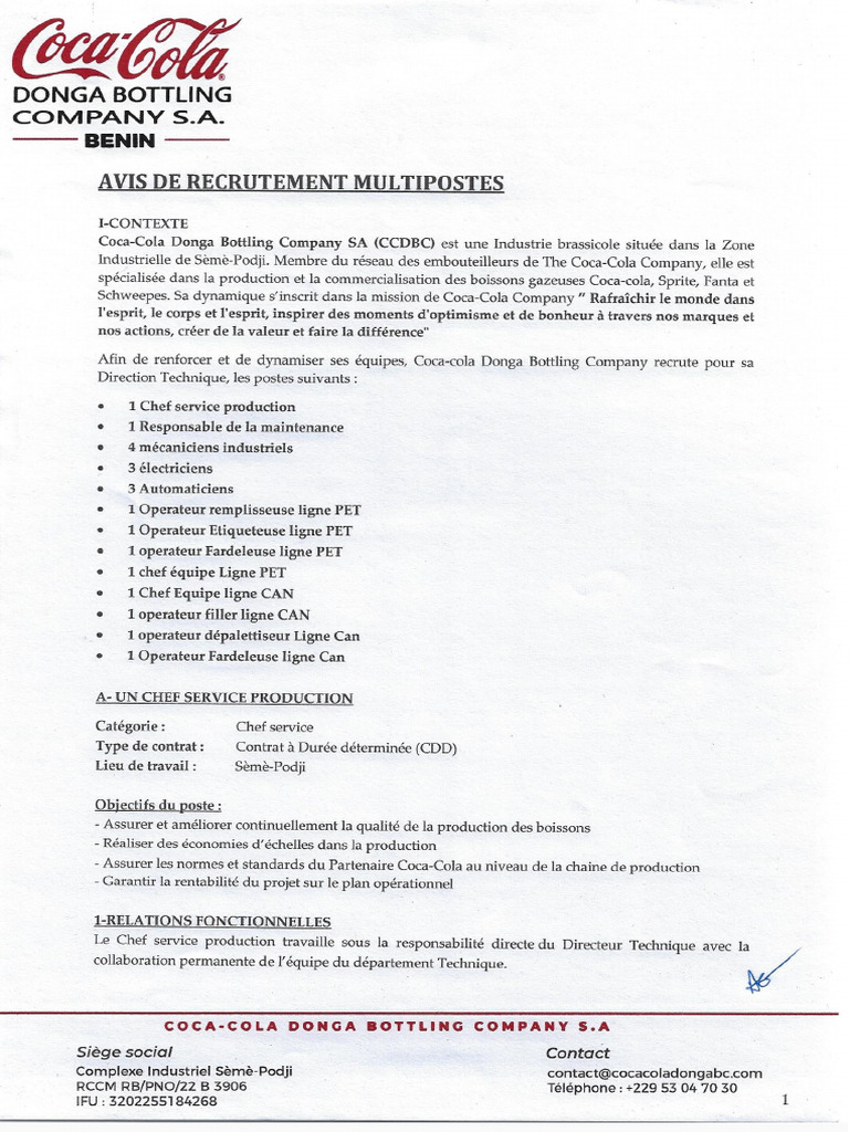 Recrutement Multipostes A La Direction Technique Coca-Cola Benin | PDF