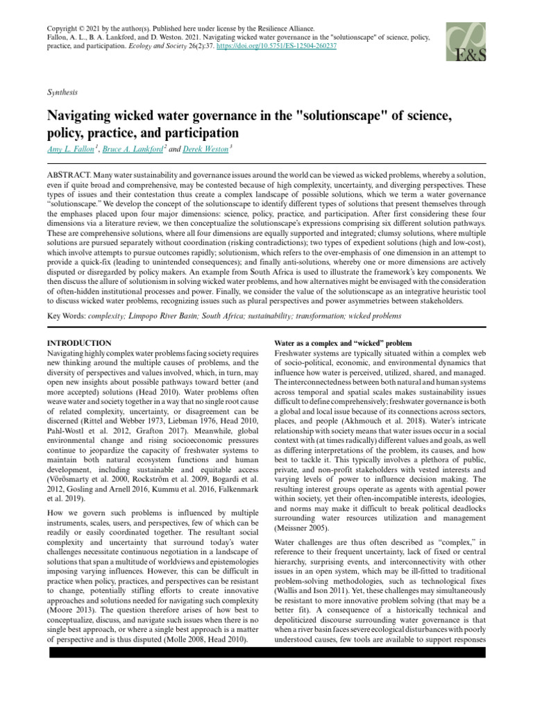 Fallon Et Al. 2021 Wicked Water Governance | PDF