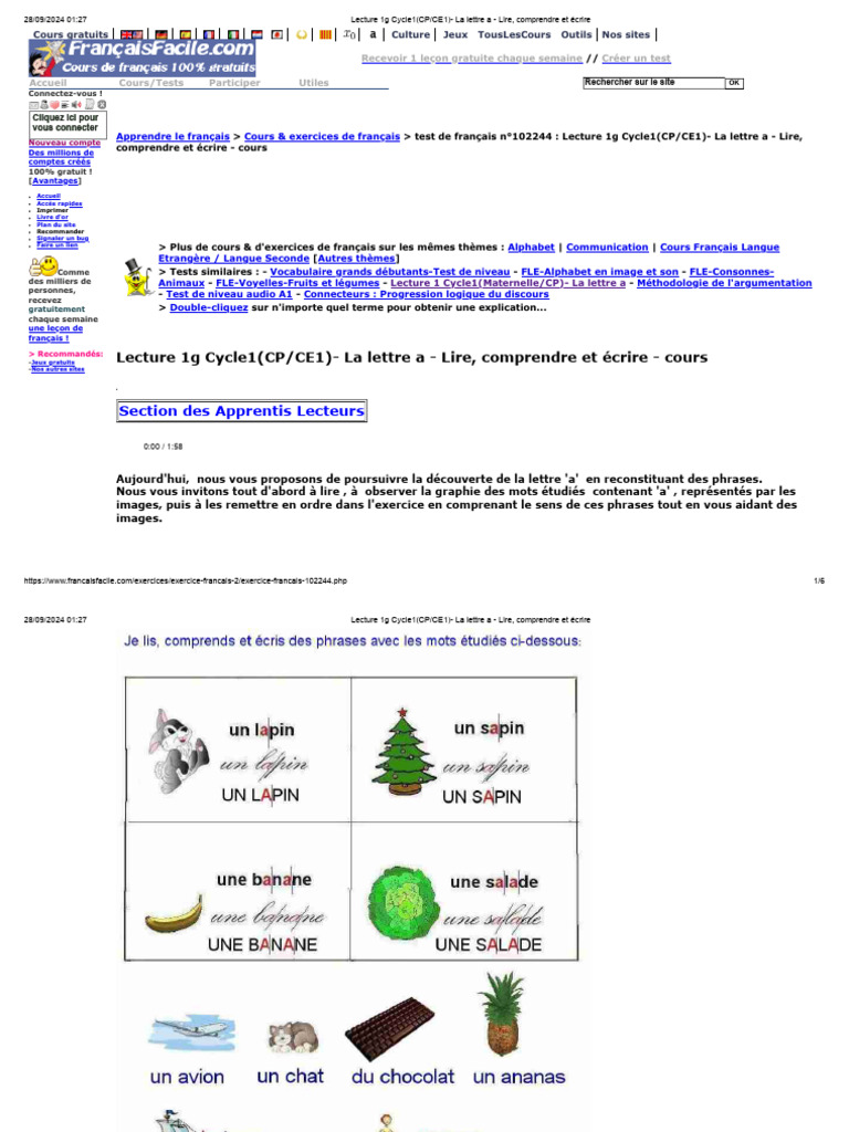 Lecture 1g Cycle1 (CP - CE1) - La Lettre A - Lire, Comprendre Et Écrire | PDF