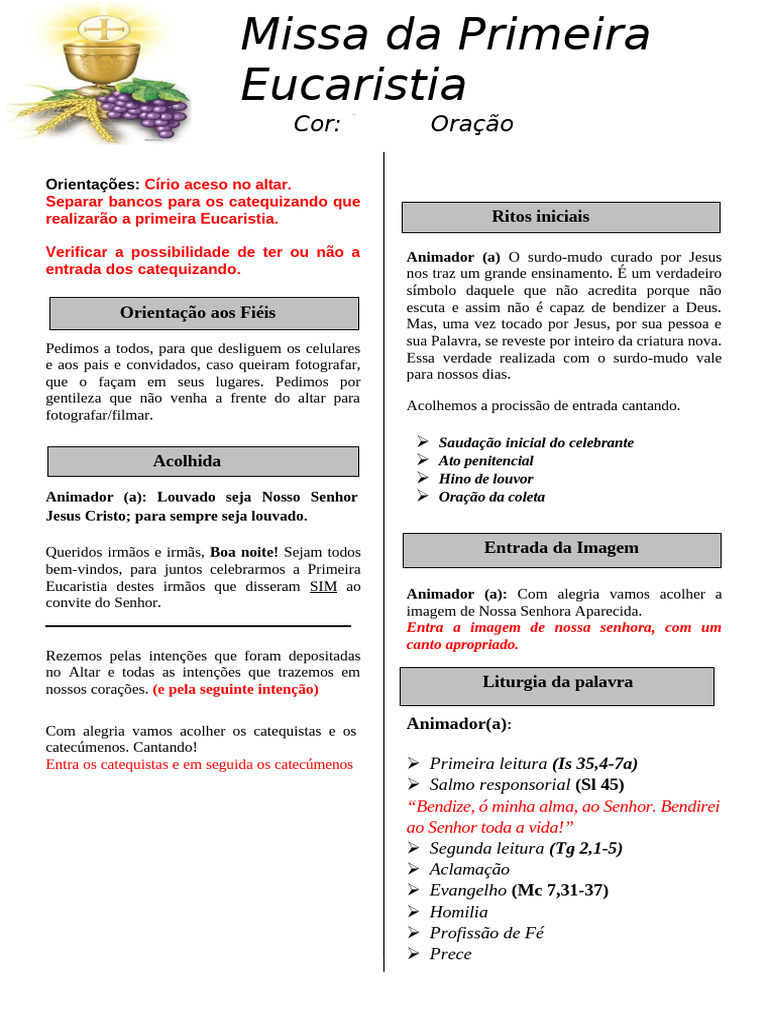 Missa Primeira Eucaristia 2024 | PDF