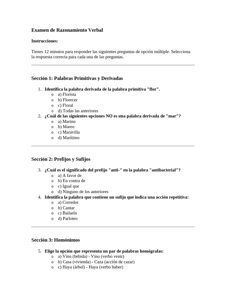 Examen de Razonamiento Verbal | PDF