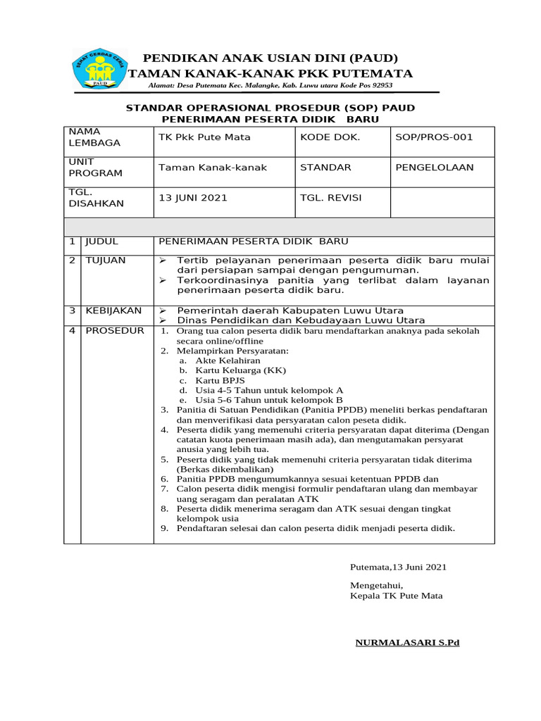 (SOP) Penerimaan Peserta Didik Baru TK PKK Pute Mata | PDF