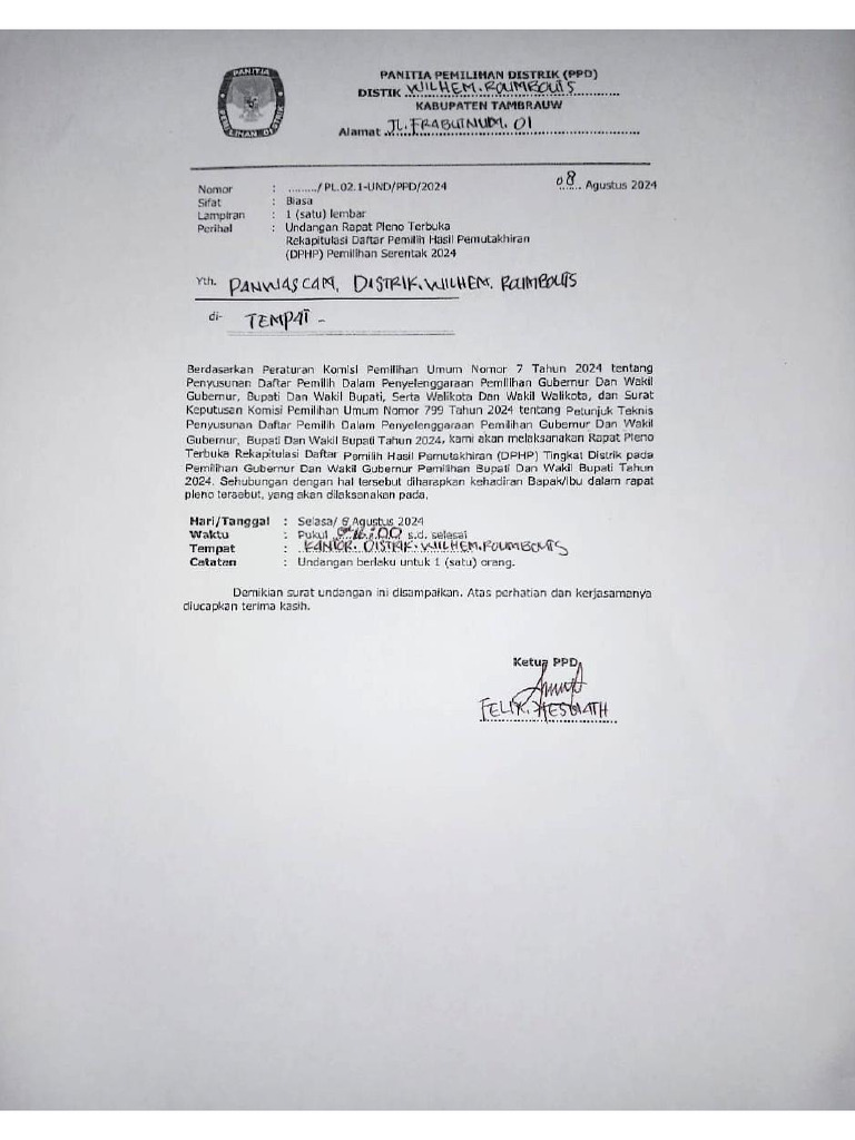 Undangan Pleno DPS Tingkat Distrik Untuk Panwas | PDF