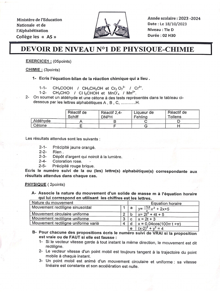 Devoir de Niveau de PC N°1 Tle D Les AS Abobo by Tehua | PDF