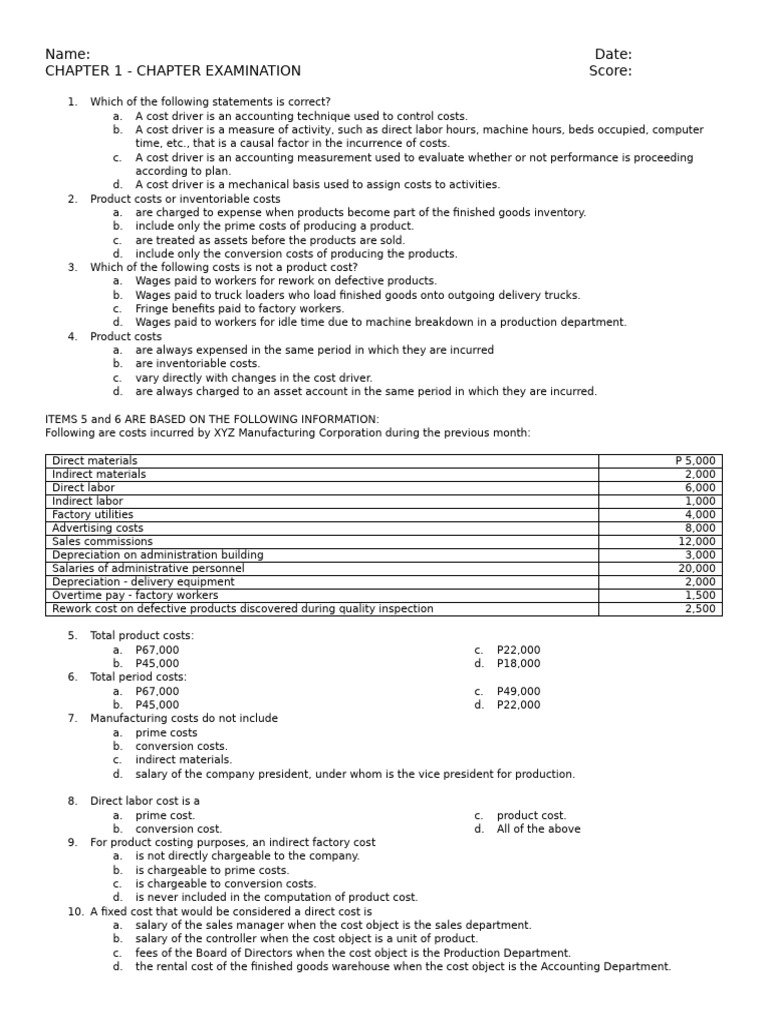 Chapter 1-Chapter Exam | PDF | Cost | Business Economics