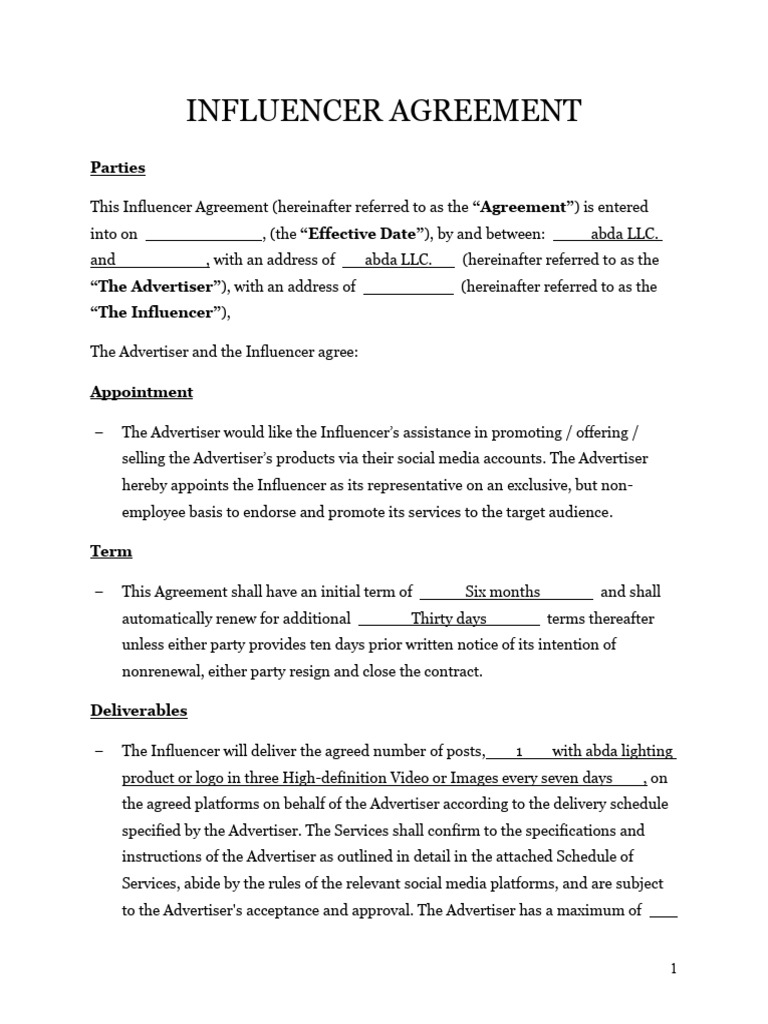 Abda LLC Influencer Agreement | PDF | Advertising | Finance & Money ...