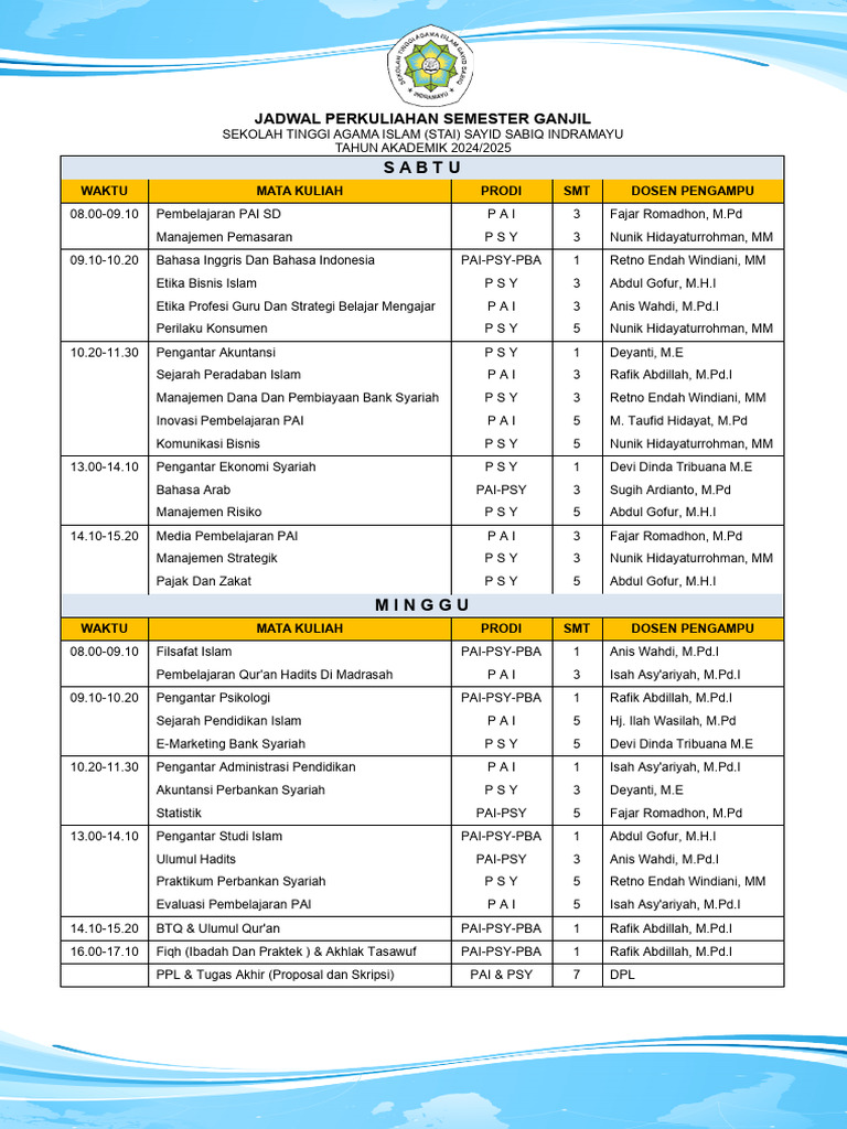 Jadwal Perkuliahan - SMT Ganjil 2024 | PDF