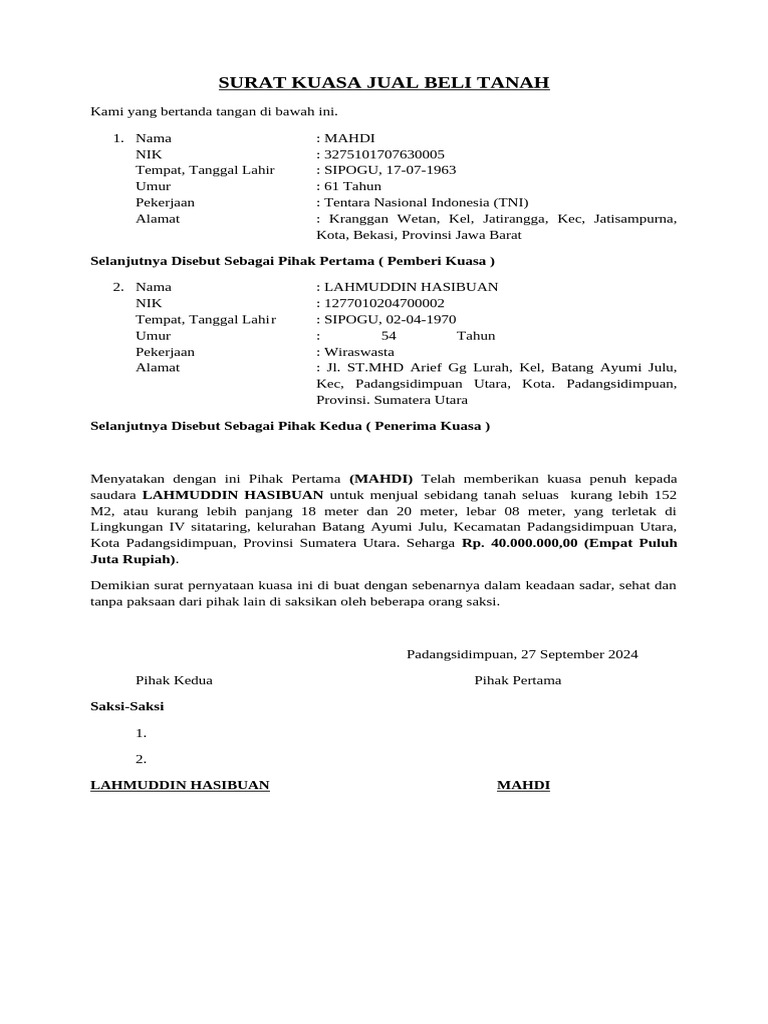 Surat Kuasa Jual Beli Tanah | PDF