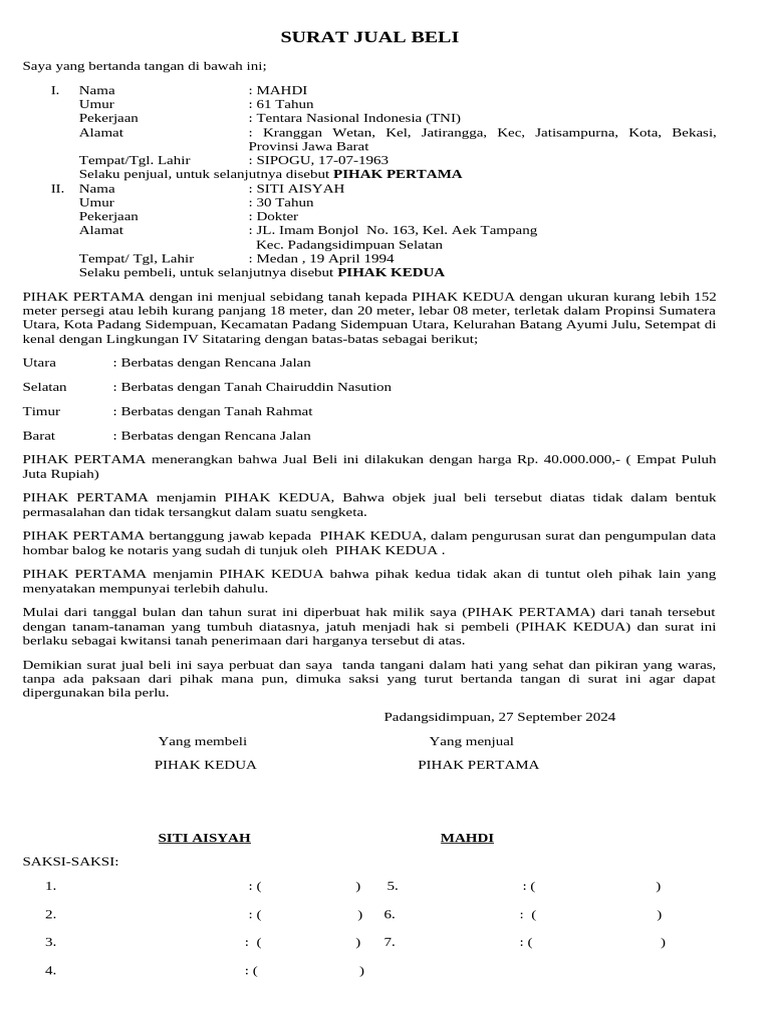 Surat Jual Beli Tanah JLN Mobil | PDF