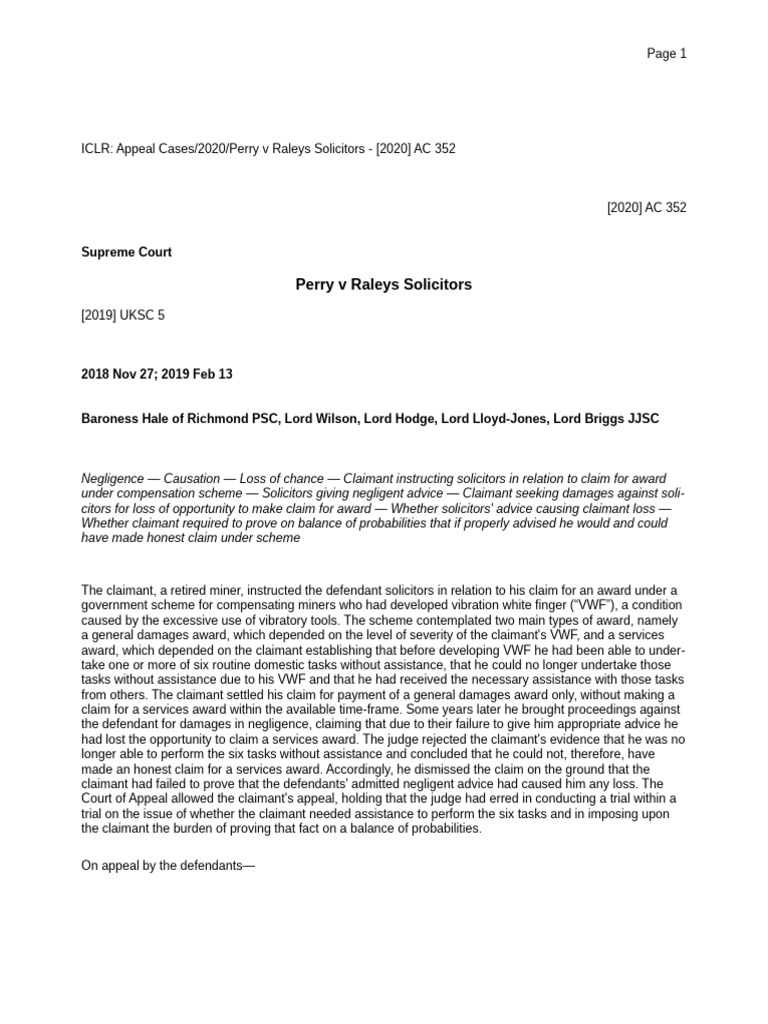 Perry V Raleys Solicitors (2020) AC 352 | PDF | Negligence | Business