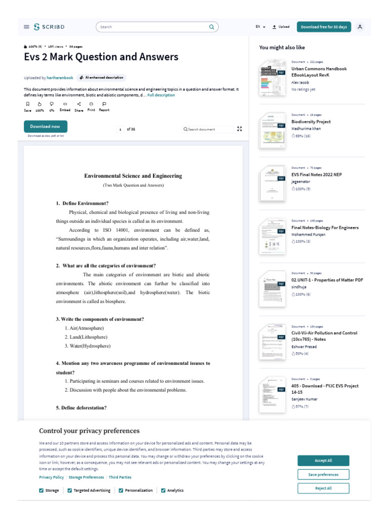 WWW Scribd Com Document 246454806 Evs 2 Mark Question and Answers | PDF