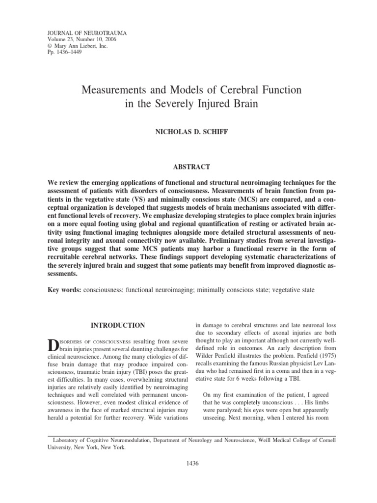 Measurements and Models of Cerebral Function - JNeurotrauma2006 | PDF ...