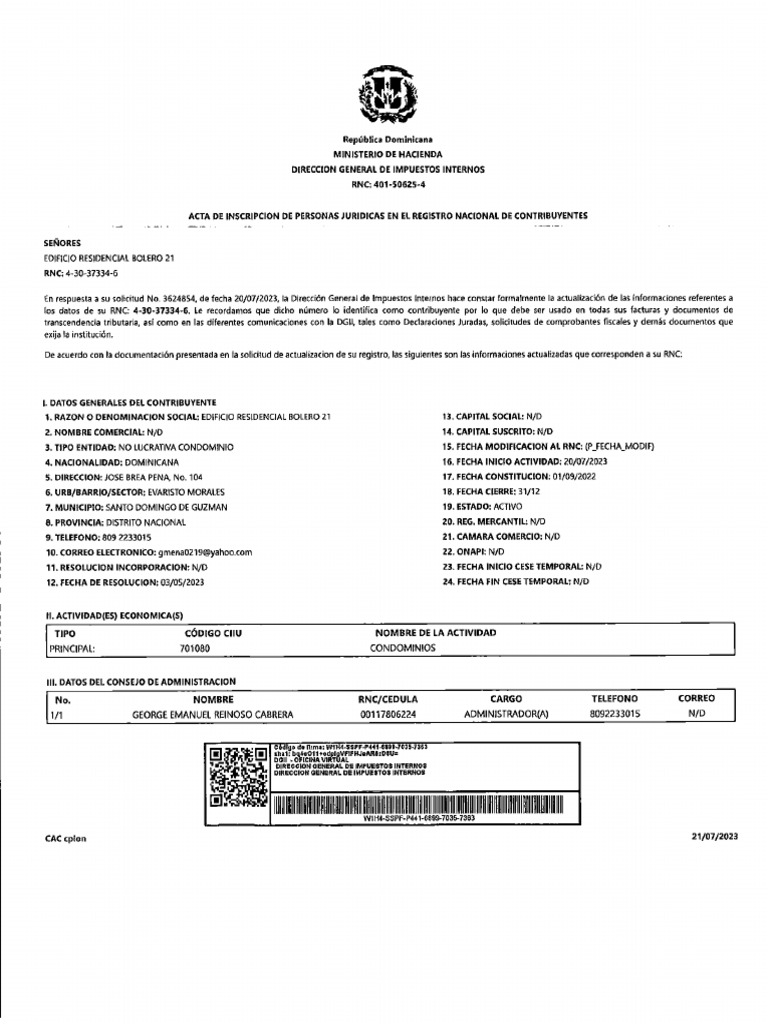 Acta de RNC - 4-30-37334-6 Emitida Por La DGII A Favor - Edificio ...