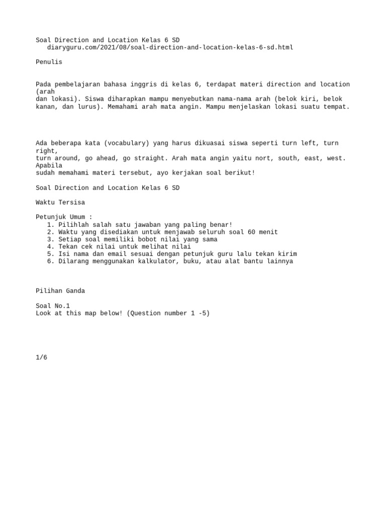 Diaryguru Com Soal Direction and Location Kelas 6 SD | PDF | Wellness