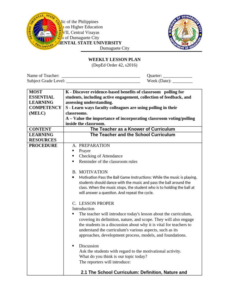 WEEKLY LESSON PLAN | PDF