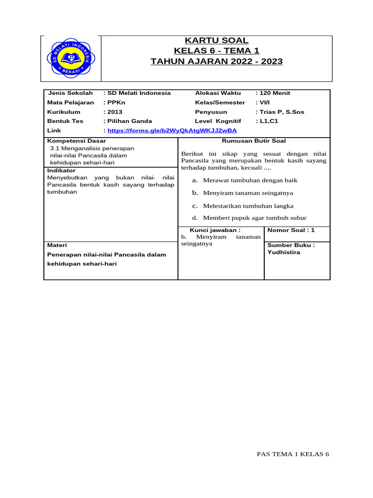 Kartu Soal Uh Tema 6a 2223 | PDF