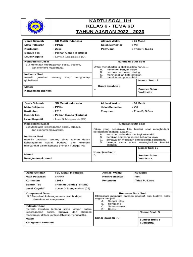 Kartu Soal Uh Tema 6D 2223 | PDF