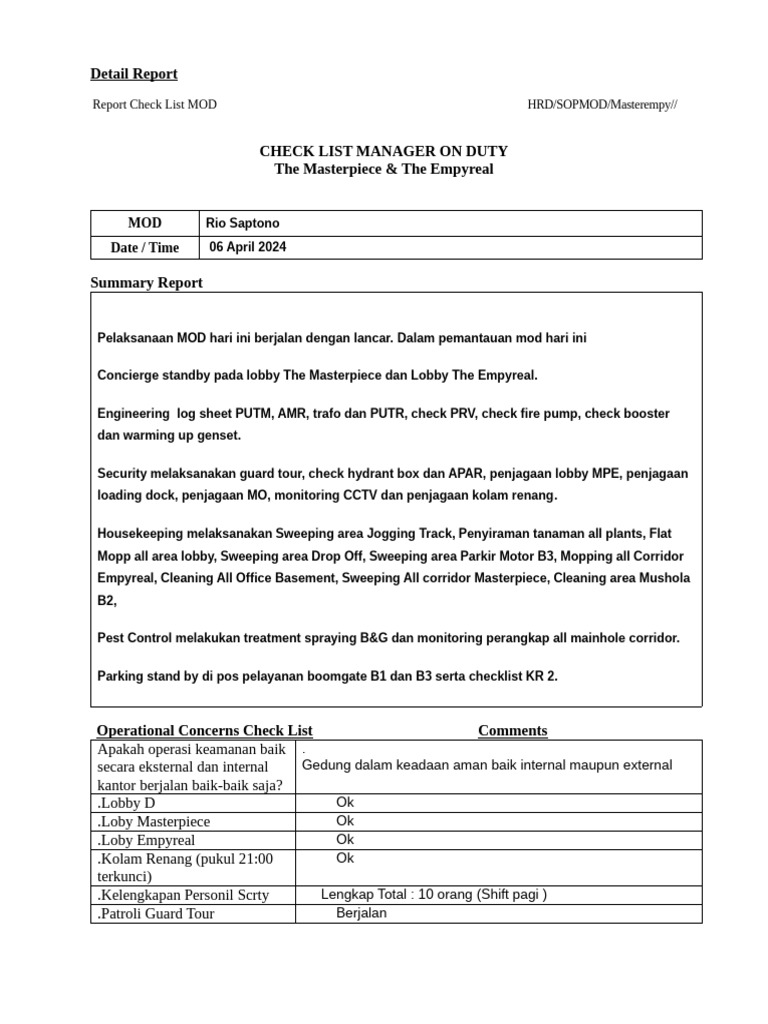 06 April 2024 - REPORT CHECKLIST MOD | PDF