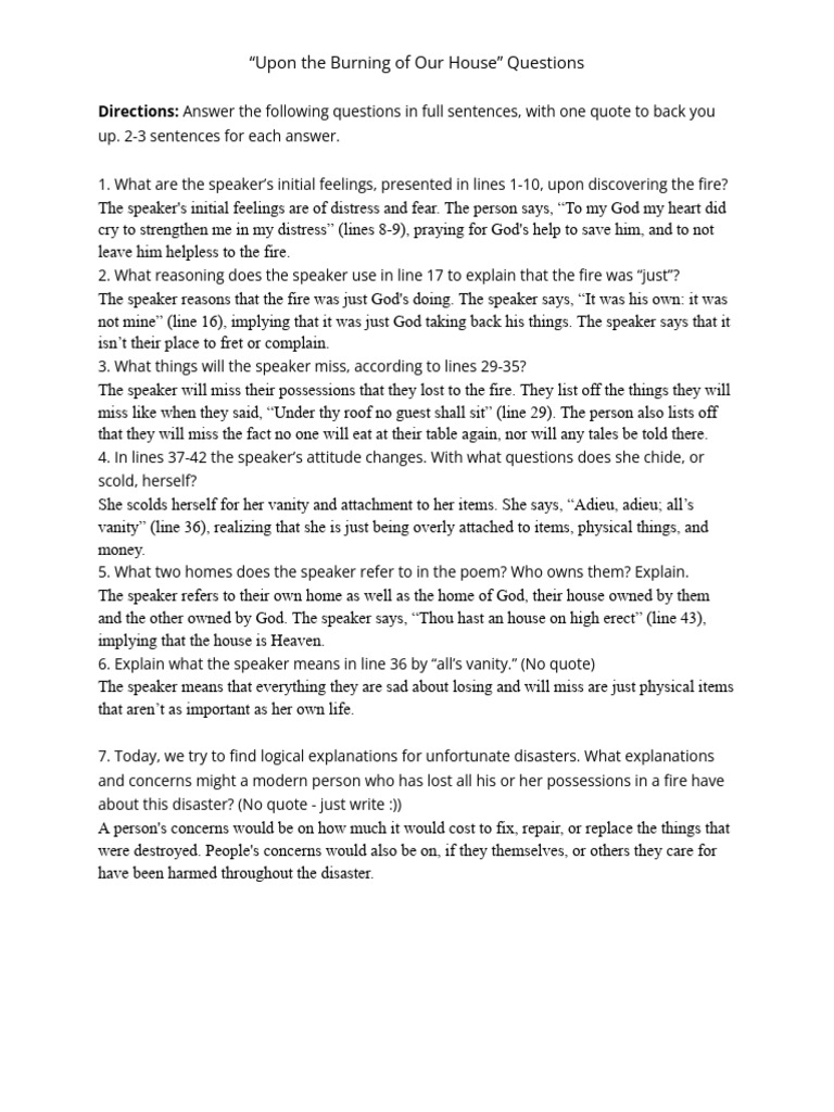 Kirmani Malinovskiy - "Upon The Burning of Our House" Questions | PDF