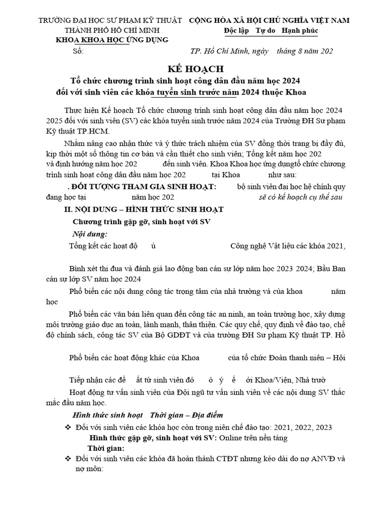 KKHUD KH Sinh Hoat Dau Nam Hoc 2024 2025 Khoatr2024 | PDF