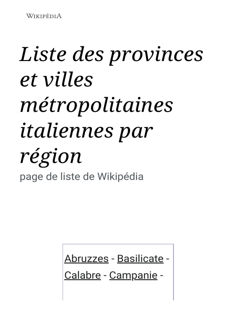 Liste Des Provinces Et Villes Métropolitaines Italiennes Par Région - Wikipédia | PDF