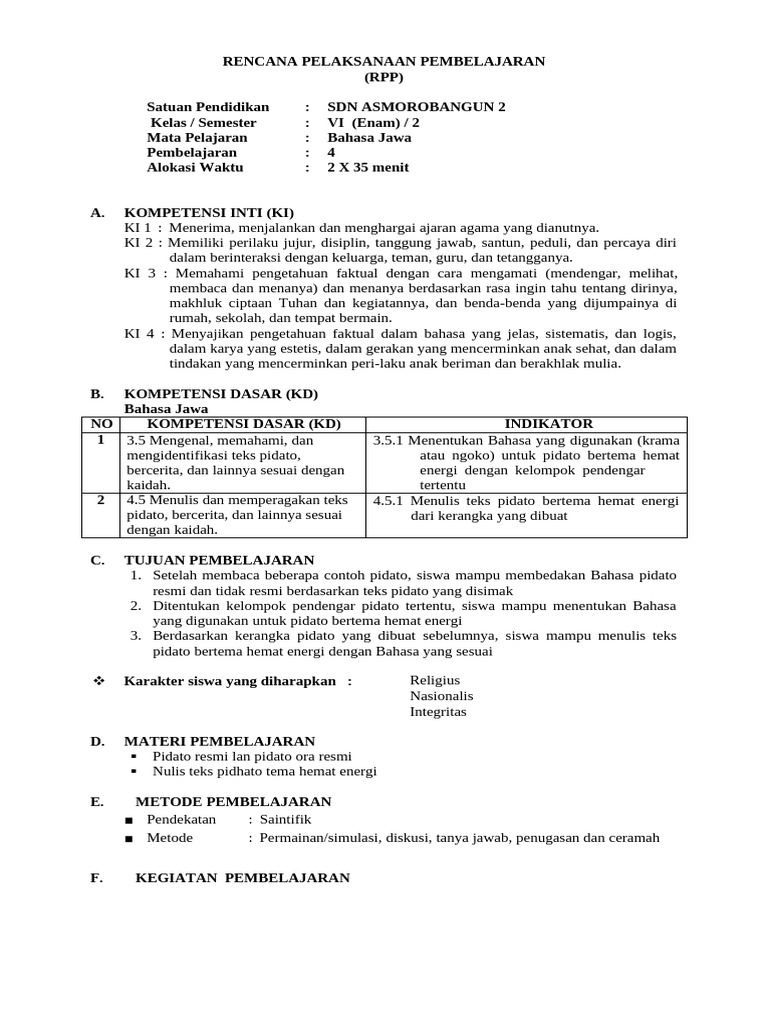 Bahasa Jawa Kelas 6 RPP | PDF