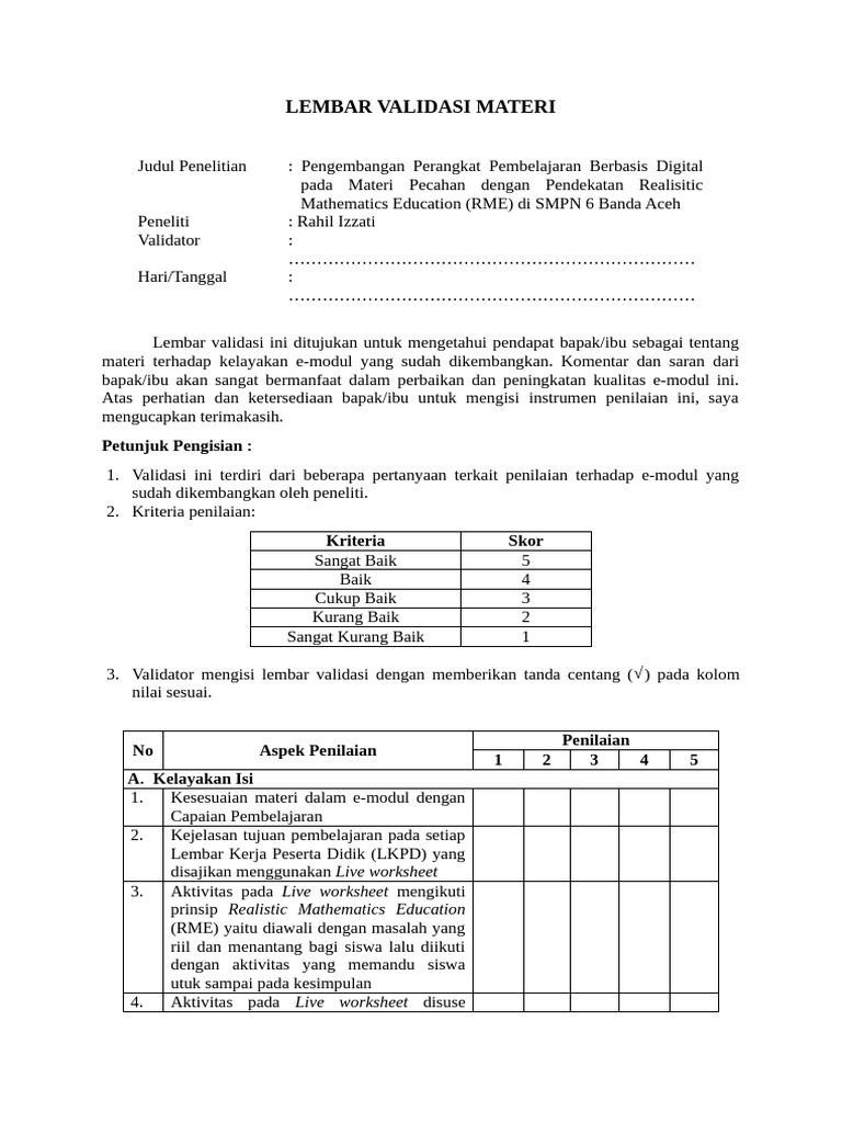 LEMBAR VALIDASI MATERI - Persamaan Garis Lurus | PDF