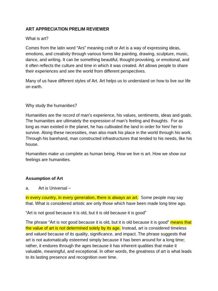 Art Appreciation Prelim Reviewer | PDF
