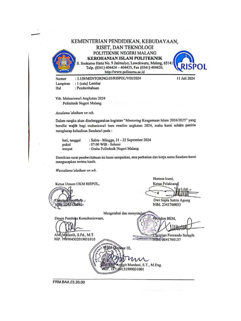 Surat Pemberitahuan Mentoring 2024 | PDF