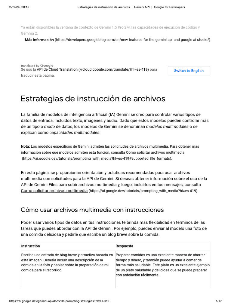 Estrategias de Instrucción de Archivos - Gemini API - Google For Developers | PDF