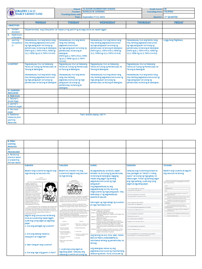 DLL - Filipino 3 - Q1 - W7 | PDF