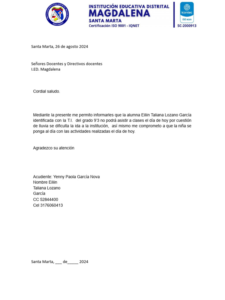 carta para presentar excusas | PDF