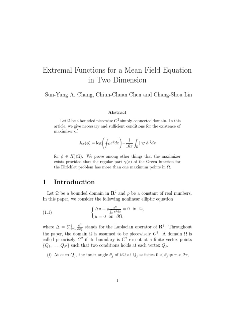 Extremal Functions For A Mean Field Equation in Two Dimension | PDF